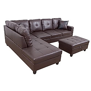 SIENWIEY Sectional Sofa Set, 103.5'' L-Shape Couch 3 PCS with Chaise and Storage Ottoman for Small Space Apartment Living Room Furniture(Brown,Left Chaise) A-brown