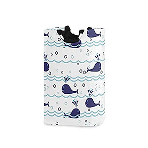 Seamless Ocean Waves Water Drop Circles Background with Blue Whales Laundry Hamper Basket Bucket, Foldable Dirty Clothes Bag, Waterproof Fabric Washing Bin, Toy Storage with Handles for Bathroom