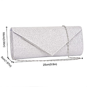 Larcenciel Clutch Purses for Women, Sparkling Envelope Evening Bag with Detachable Chain, Glitter Sequins Metal Formal Handbag Shoulder Crossbody Bag Prom Party Purse Bridal Wedding Clutch Bag(Sliver)