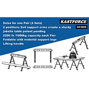 KASTFORCE Folding Sawhorse 2200 lb /1000kg capacity Heavy Duty Jobsite Table Stand with Folding Legs Twin Pack KF3005
