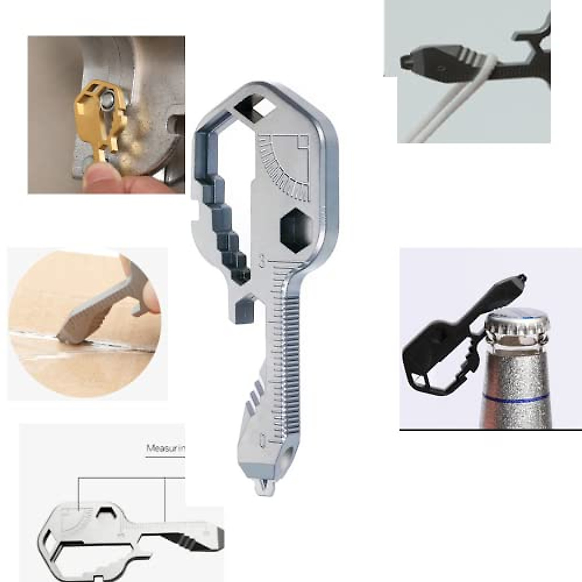 24- in-1 Key Shaped Pocket Tool, Keychain Multitool with Key Chain, Outdoor Keychain Tool, Best Gift for Dad, Husband, Boyfriend(Silver)