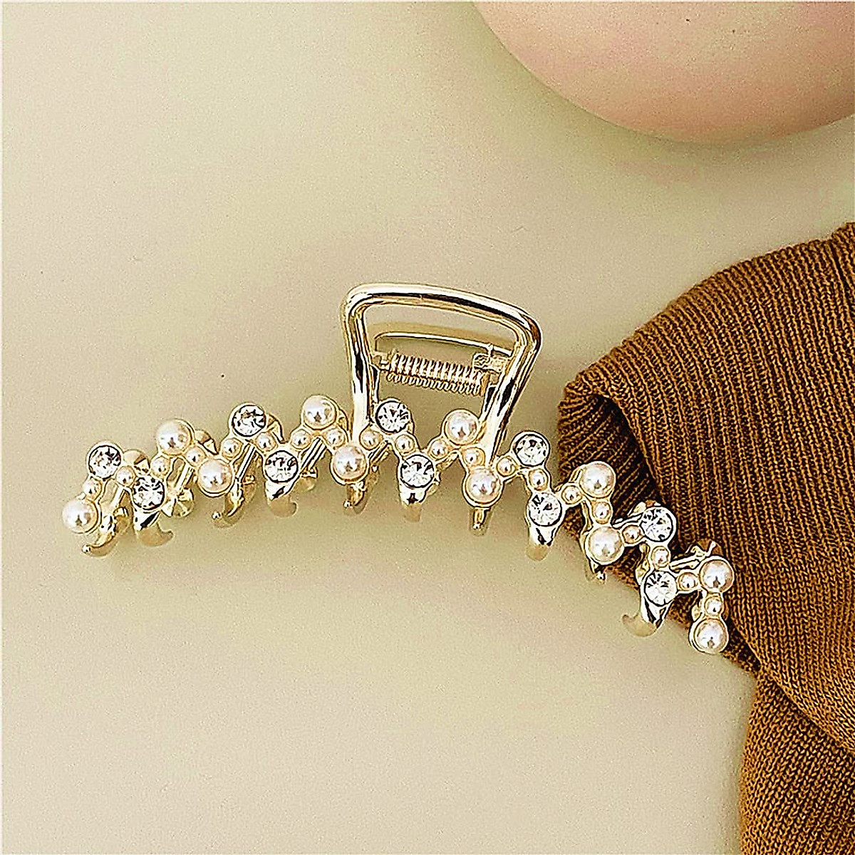 Pearl Rhinestone Hair Clips, Sinide 3 Pack Large Crystal Gold Metal Hair Catch Barrette Jaw Clamp Non-Slip French Hair Claws Strong Hold Hair Accessories for Women, Lady, Girls
