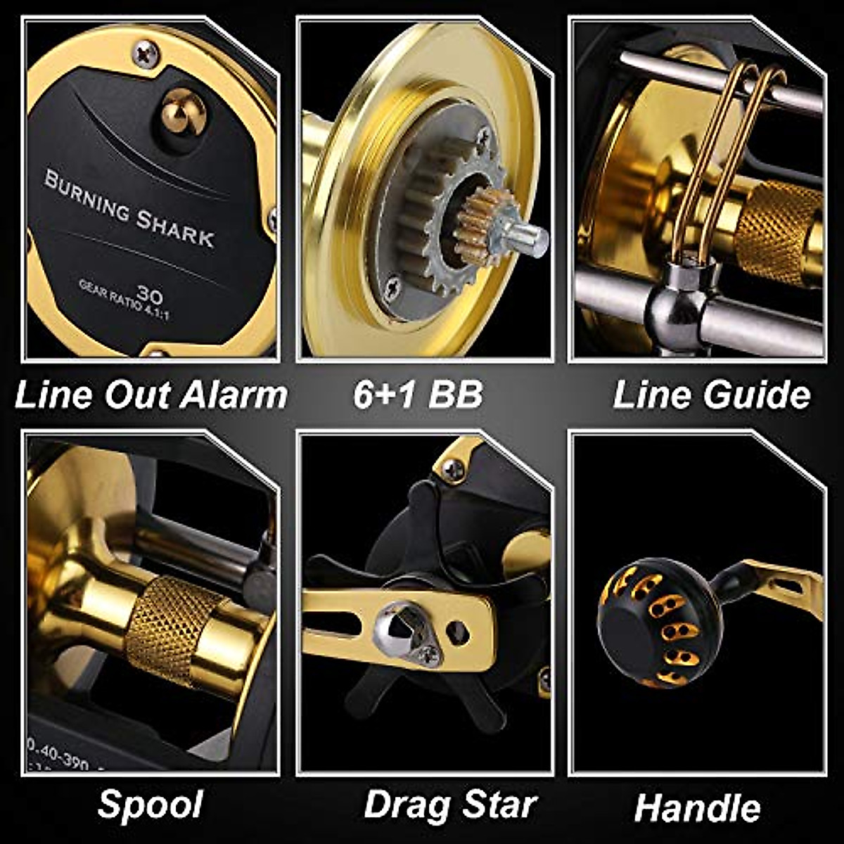 Sougayilang Trolling Reel Saltwater Level Wind Reels, Drag Reels Boat Fishing Ocean Fishing for Sea Bass Grouper Salmon-SHA30-Golden