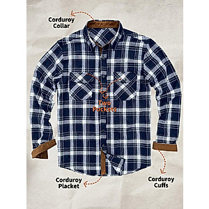 Comdecevis Men's Casual Button Down Flannel Plaid Shirts Long Sleeve Corduroy Cuffs Western Cowboy Club Shirt