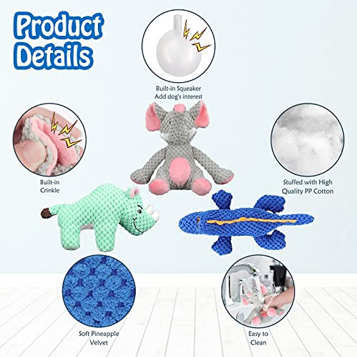 BWOGUE Squeaky Plush Dog Toys 3 Pack, Stuffed Dog Chew Toy with Squeaker and Crinkle Paper, Dog Toy Stuffed Animal for Teeth Cleaning for Small Medium Dogs and Puppy(3 Packs Animals Toys)