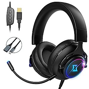 targeal Gaming Headset with Microphone - 7.1 Surround Sound/USB Wired/Detachable Microphone/Breathable Cushions - Gamer Headphone for PS5/ PS4/ Switch/PC/Laptop/Mac,with USB Type C Cable