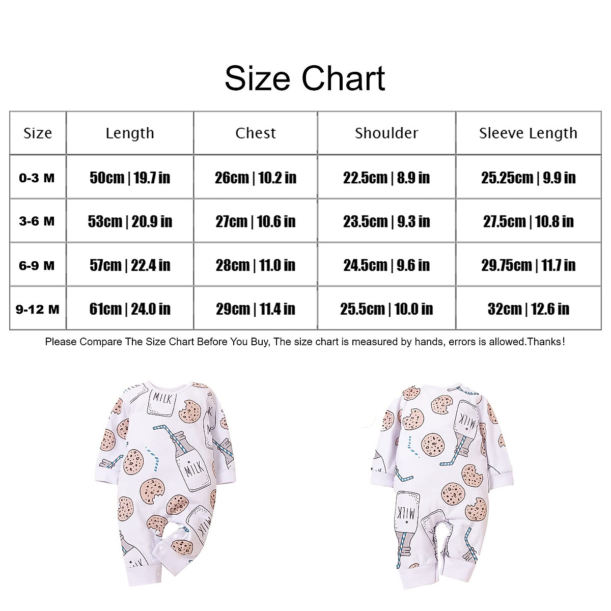 Aiabaleaft Baby One Piece Romper Bodysuit Jumpsuit Long Sleeve MilkCookies Bodysuit 0-12M White, 0-3 Months
