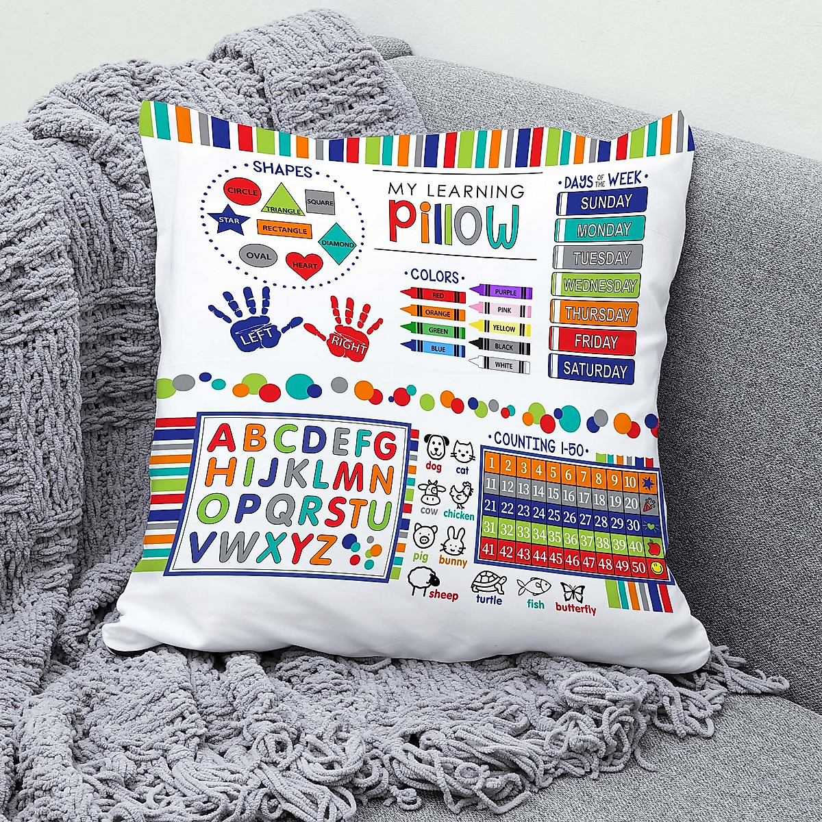 Decorbox Learning Chart 18x18 Inch Throw Pillow Cover,Book Reading Educational Corner ABCs Cushion Case,School Classroom Home Room Teacher Teaching Student Kid Child Children Boy Girl Gift Pillowcase