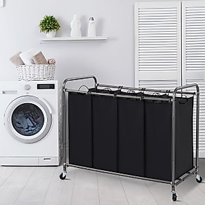 STORAGE MANIAC Laundry Sorter 4 Section, Hamper with Wheels and Removable Bags, Black
