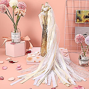 100 Pieces Party Streamers with Bells Lace Ribbon Stick Wands with Bells Silk Fairy Stick Wand Streamers for Wedding Party Baby Shower Send Off Party Activities Holiday Celebration Favors (Champagne)