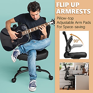 ELABEST T29 Ergonomic Office Chair, Comfy Computer Desk Chair, Mesh Back Home Office Chair with PU Leather Padded, Adjustable Lumbar Support, Flip-up Arms,Swivel Wheels,Work Task Chair for Long Hours