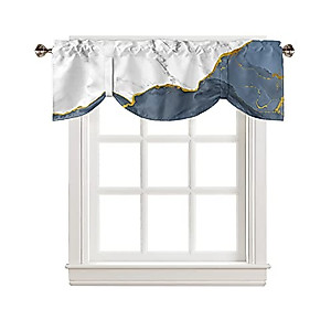 Tie Up Curtain Valance for Kitchen,Marble Texture Watercolor Blue Gold and White Colors Window Valances Adjustable Tie-up Shade Valance,Ink Painting Rod Pocket Short Curtains for Bathroom 60x18in