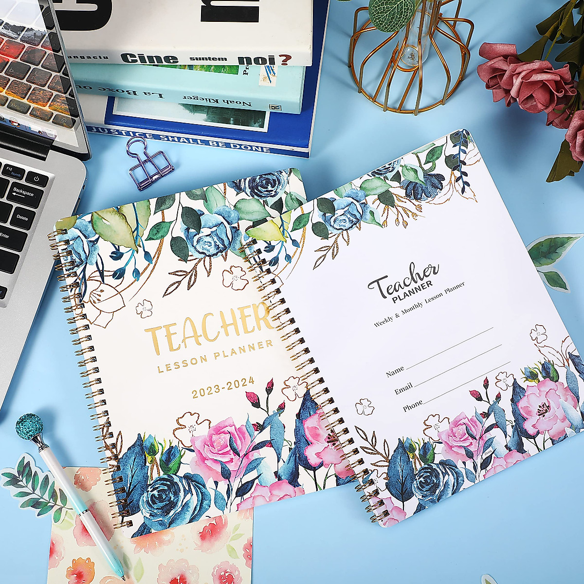 Teacher Planner 2023-2024 - 2023-2024 Weekly & Monthly Lesson Plan Book, July 2023 - June 2024, 8" x 10", Academic Planner 2023-2024 with Twin-Wire Binding for Teachers - Ink-painting Roses