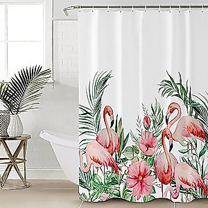 Polyester Fabric Red Pink Flamingo Shower Curtain, Tropical Plants Summer Botancial Palm Leaves, Waterproof Bathtub Curtain Bathroom Decor Set with Hooks 72 x 72 Inches,