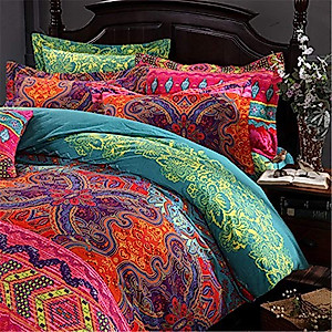 ABREEZE 3Pcs Bohemia Retro Bedding Ethnic Vintage Floral Duvet Cover Boho Bedding 100% Brushed Cotton Bedding Sets Damask Paisley Coloful Mandala Down Comforter Cover,Cal.King