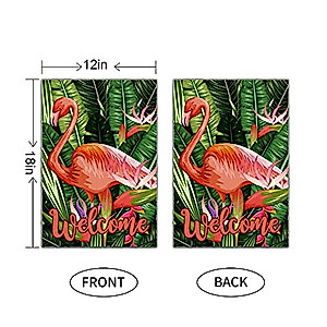 Flamingo Welcome Garden Flag, Flamingo and Banana Leaf Garden Flag, Summer Tropical Theme Party Yard Sign Lawn Sign, 12 x 18 Inch Double Side Home Decor