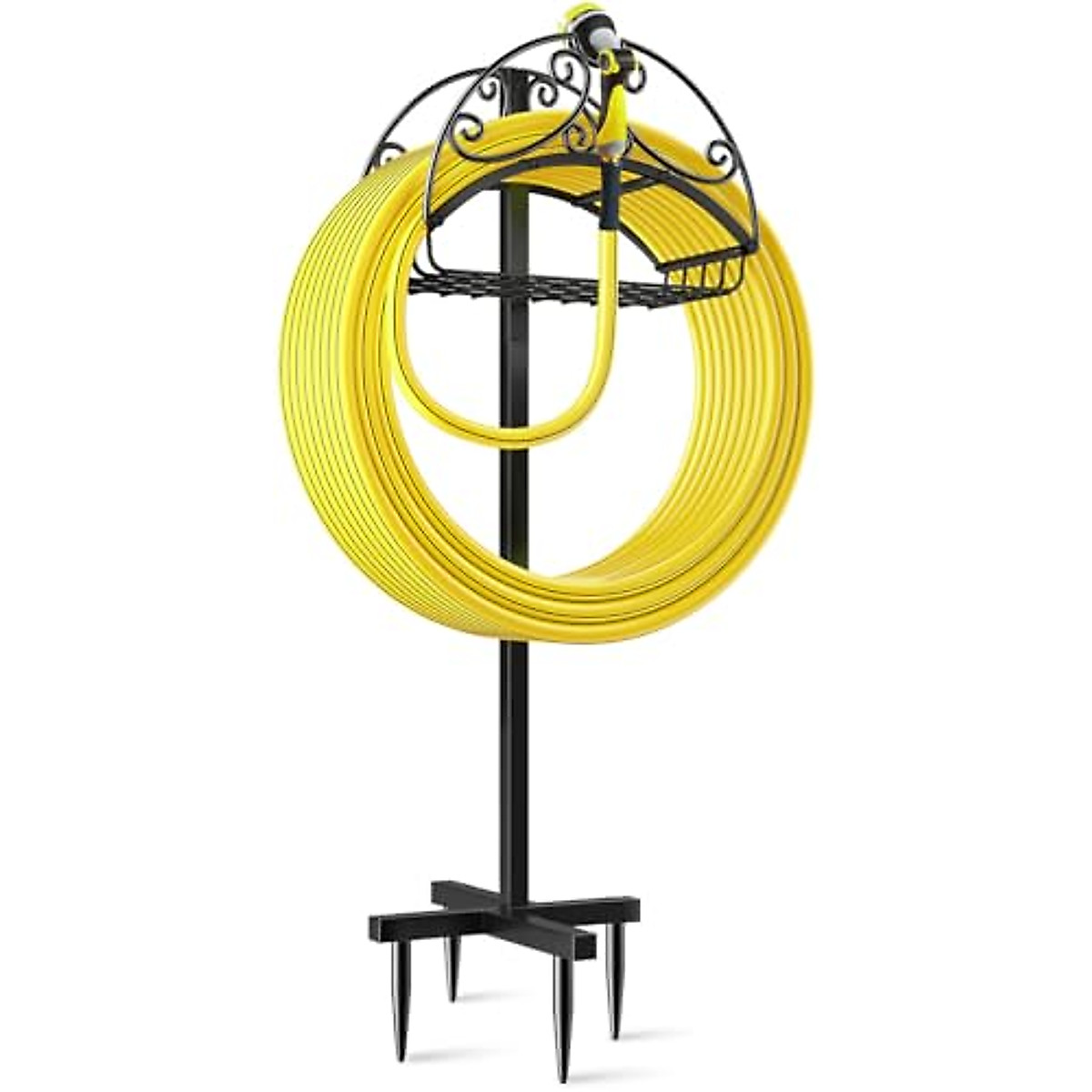 Helhom Garden Hose Holder Freestanding, Water Hose Holders with Storage Basket Detachable Garden Hose Stand Heavy Duty for Outside Lawn Yard