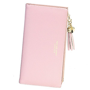 SUMGOGO Wallets for Women Slim Clutch Purse Handbag Card Holder Womens Long Tassel Zipper Pocket Fashion Taiga Leather Billfold Wallet (Pink)