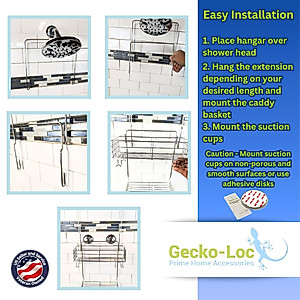Gecko-Loc Extra Long Wide Adjustable Length over the showerhead hanging shower caddy organizer - for Shampoo, Soap, & Razors - Black