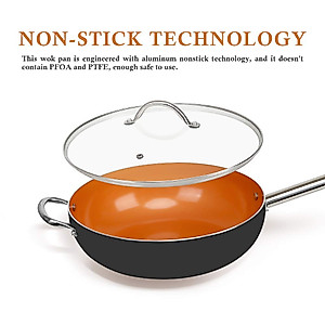 SHINEURI 12 Inch Copper Wok Pan and Stir Fry Pan with Lid, Nonstick Copper Wok Pan, Ceramic Copper Pan, Nonstick Copper Fry Pan, Ceramic Wok with Lid, Copper Skillet with Lid, Induction Compatible