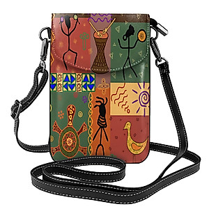 Women Cell Phone Purse Leather Crossbody Bag-African Style Dance Depicting Mini Shoulder Bag Card Holder Wallet