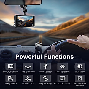 SHRINLUCK 2K Dual Dash Camera for Cars, Free 64G SD Card, FHD 2K+1080P Dash Cam Front and Rear,3.2'' IPS Screen,176° Wide Angle Dashcam,24H Parking Monitor,G-Sensor,Loop Recording,Night Vision,WDR
