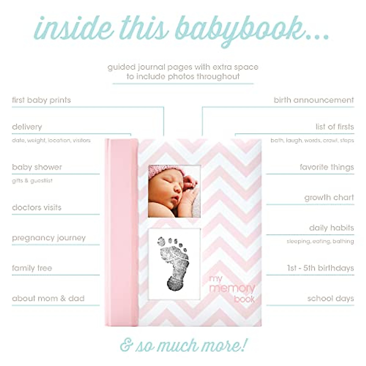 Pearhead First 5 Years Chevron Baby Memory Book With Clean-Touch Baby Safe Ink Pad To Make Baby's Hand Or Footprint Included, Newborn Milestone And Pregnancy Journal, Pink
