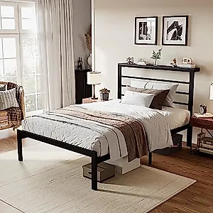SHA CERLIN Twin Size Bed Frame with Headboard Shelf, Heavy Duty Platform Bed Frame with Strong Metal Foundation, No Box Spring Needed, Black