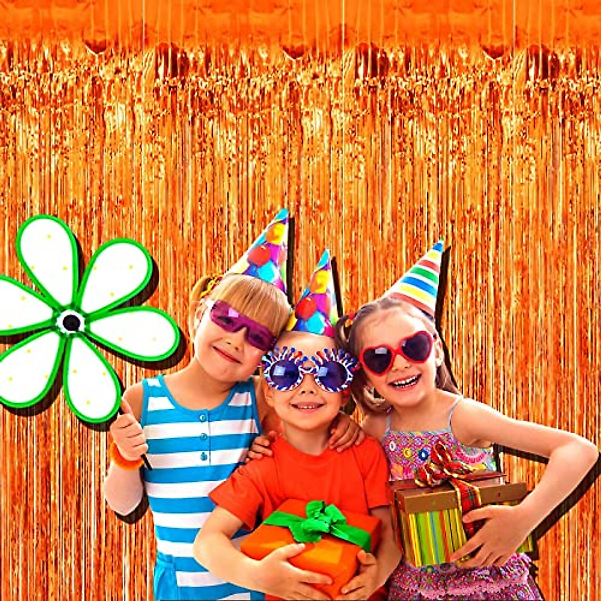 HalloweenDecorate 4 Pack Orange Foil Fringe Curtain Backdrop, 3.28Ftx8.2Ft Metallic Tinsel Foil Fringe Streamers Curtains for Party, Photo Booth Props, Birthday, 2022 Mother's Day Decoration Supplies