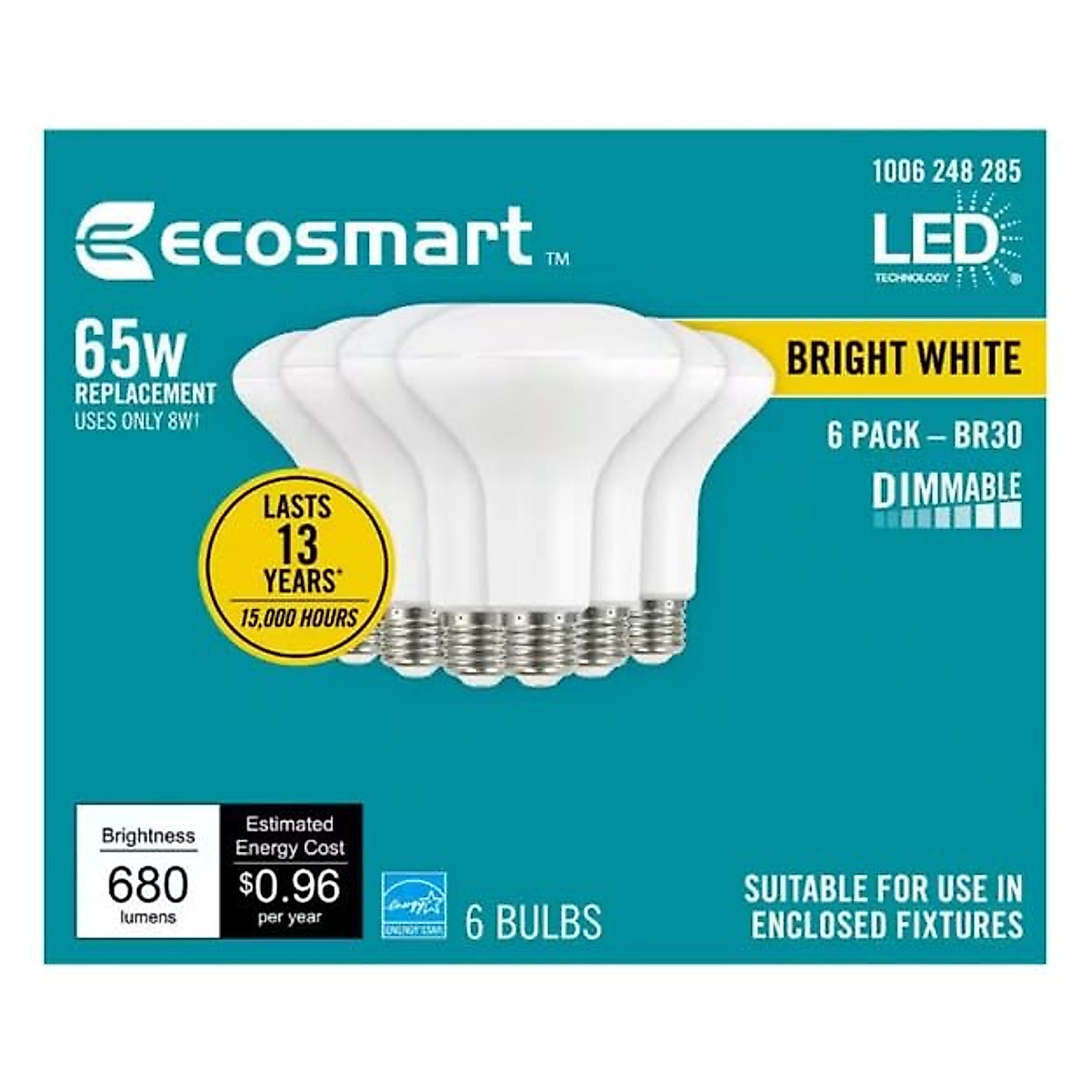 EcoSmart BR30 65W Equivalent Dimmable LED Light Bulbs Bright White (6-Pack)