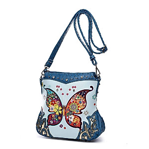 Butterfly Flower Concealed Carry Purse Women Spring Rhinestone Crossbody Handbags Single Shoulder Bag (Blue)