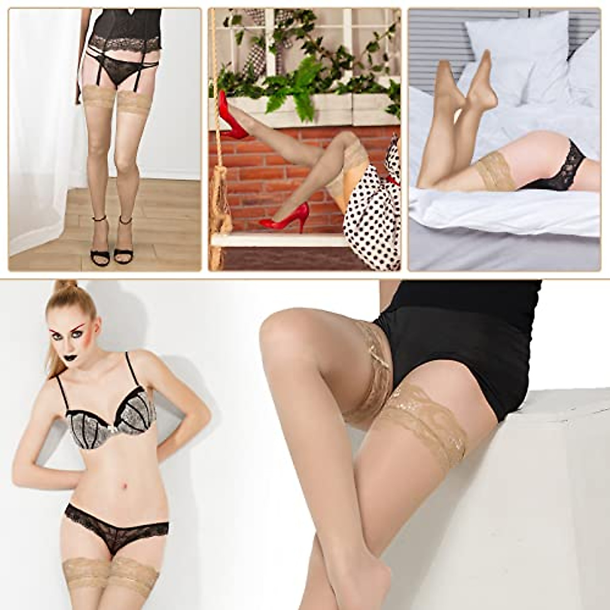 WLLHYF Thigh High Stockings, Women's Lace Top Thigh High Sheer Stockings Silk Stocking Tights for Women and Girls (skin color)