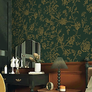 Safiyya 118"x17.3" Peel and Stick Wallpaper Gold and Dark Green Contact Paper Floral Birds Wallpaper Boho Wallpaper Removable Wallpaper Floral Wallpaper for Bedroom