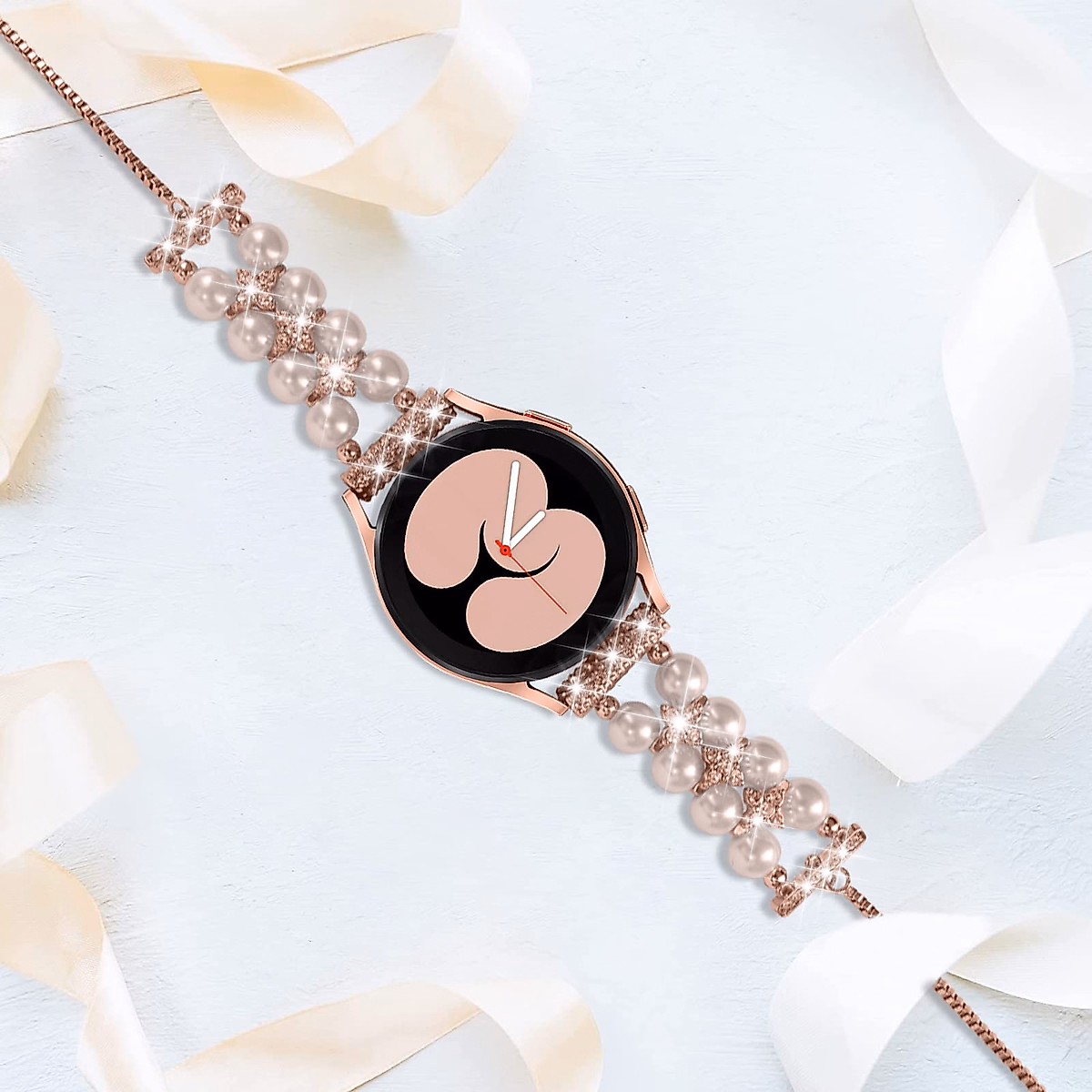 Galaxy Watch 5 Bands 44mm 40mm /Galaxy Watch 5 Pro Band 45mm Compatible for Samsung Watch 4 40mm 44mm/ Watch 4 Classic 46mm Jewelry Bracelet Women Bling Glitter Rhinestone Pearl Bangle Wristband