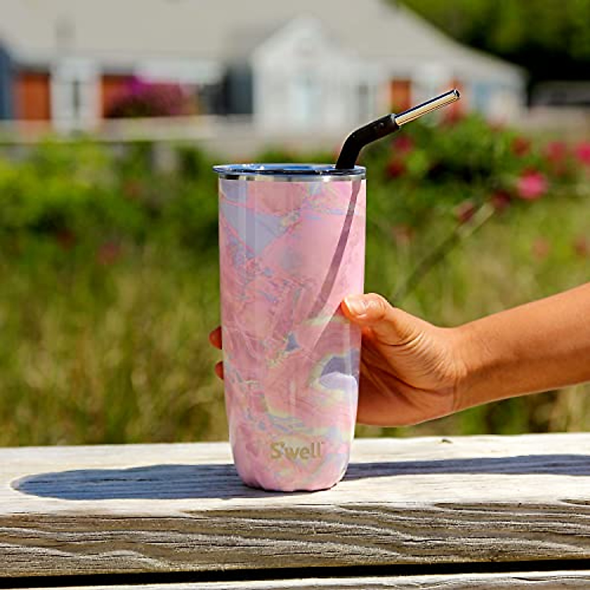 S'well Stainless Steel Tumbler with Straw - 24 Fl Oz - Geode Rose - Triple-Layered Vacuum-Insulated Containers Keeps Drinks Cold for 18 Hot for 5 Hours - BPA-Free Water Bottle