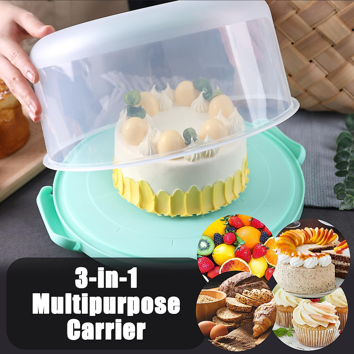 HANSGO Cake Carrier with Lid and Handle, 12x6inch Green Cake Container, Portable Fits 10 inch Cake, 3-in-1 Multipurpose Cake Keeper Holder Platter for Cupcake Devil Eggs Cake Dishwasher Safe