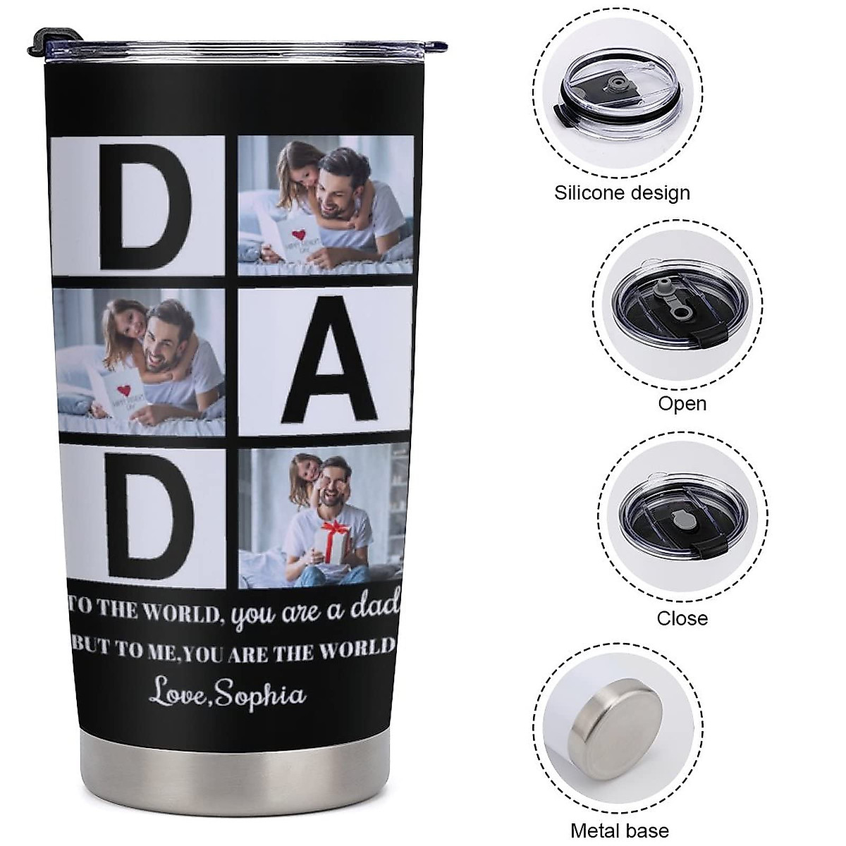 Personalized Picture Travel Tumbler for Dad Gift on Father's Day from Daughter Son Custom Coffee Mug with Text Photo Cup