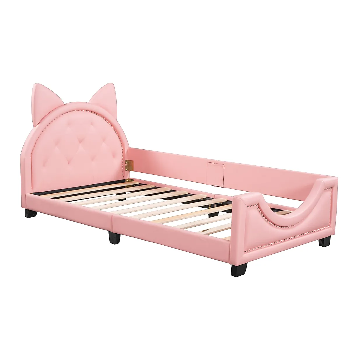 Merax Twin Size Upholstered Daybed with Bunny Ears Headboard, Platform Bed Frame for Kids, Child's Bedroom, No Box Spring Needed, Pink