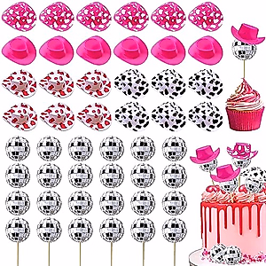48Pcs Disco Cowgirl Cake Decoration, 24Pcs Disco Ball Cup Toppers 24Pcs Mini Pink Cowgirl Hats Cow Print Cowboy Hats Westen Cowgirl Party Favor Birthday Table Decor