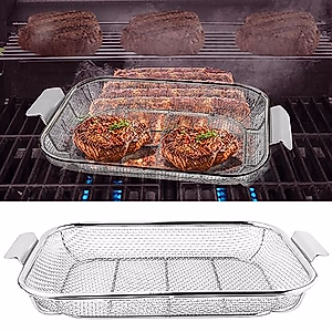 Worparsen Grill Basket for Outdoor Grill Stainless Steel Fry Basket,Stainless Steel Perforated Grill Baskets for Grilling Veggies Seafood and Meats Heating Holes Grilling Roasting BBQ Basket Stainle