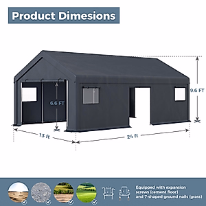 GREEN PARTY Carport, 13'x24' Extra Large Heavy Duty Carport with Roll-up Windows, Waterproof & 12 Legs Car Canopy Portable Garage Shelter with Removable Sidewalls & Doors for Car, Truck, SUV, Boat