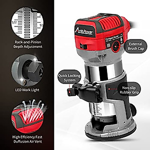 AVID POWER 6.5 Amp 1.25 HP Compact Router Tools for Woodworking, Fixed Base Wood Router with Trim Router Bits, 6 Variable Speeds, Edge Guide, Roller Guide, Dust Hood and Carrying Bags