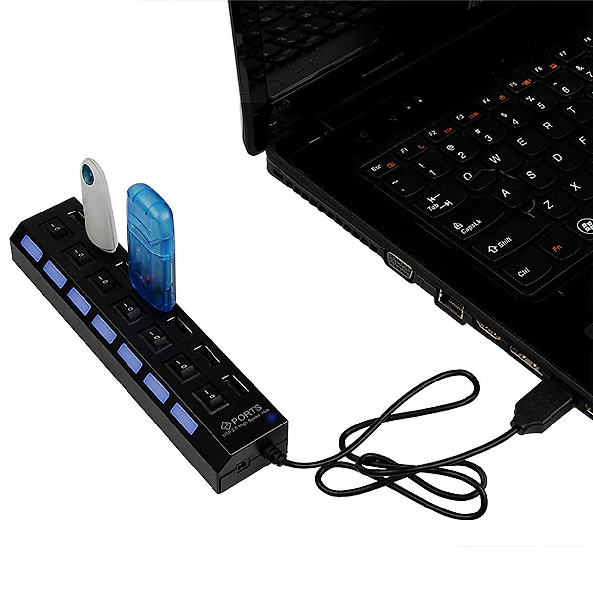 7 Ports USB 2.0 USB Hub, Individual Power On/Off USB Charging High Speed Data Transmitting Hub Adapter for PC Laptop