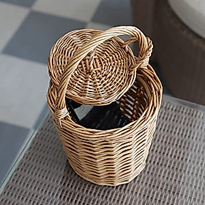 Small Wicker Basket, Round Storage Bin with Handle and Lid for Cell Phones Toys Sundries