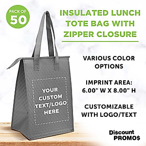 Discount Promos Custom Zipper Insulated Lunch Tote Bags Set of 50, Grey, Unisex