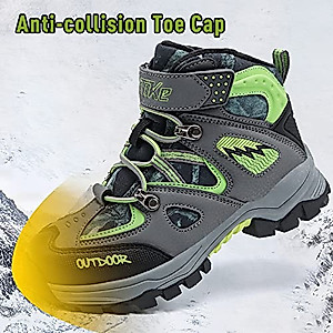 VITUOFLY Boys Hiking Boots Kids Warm Winter Snow Boots Girls Hiking Shoes Outdoor Adventure Trekking Shoes Anti-skid Sneakers Steel Buckle Grey Green Size 6.5