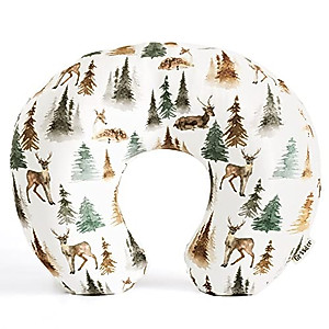 GRSSDER Nursing Pillow Cover Stretchy Minky Removable Nursing Covers for Breastfeeding Pillows, Ultra Soft Comfortable Slipcover for Baby Boy and Girls, Stylish Watercolor Forest Deer and Leaves