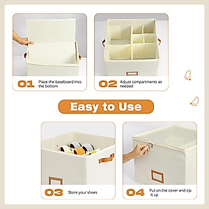 Delamu Shoe Organizer for Closet, Fabric Shoe Storage Boxes with Clear Cover, Adjustable Dividers for Shoe Storage, Foldable Space-saving Storage Container Bins, Fits 8-16 Pairs, Beige, 1-Pack