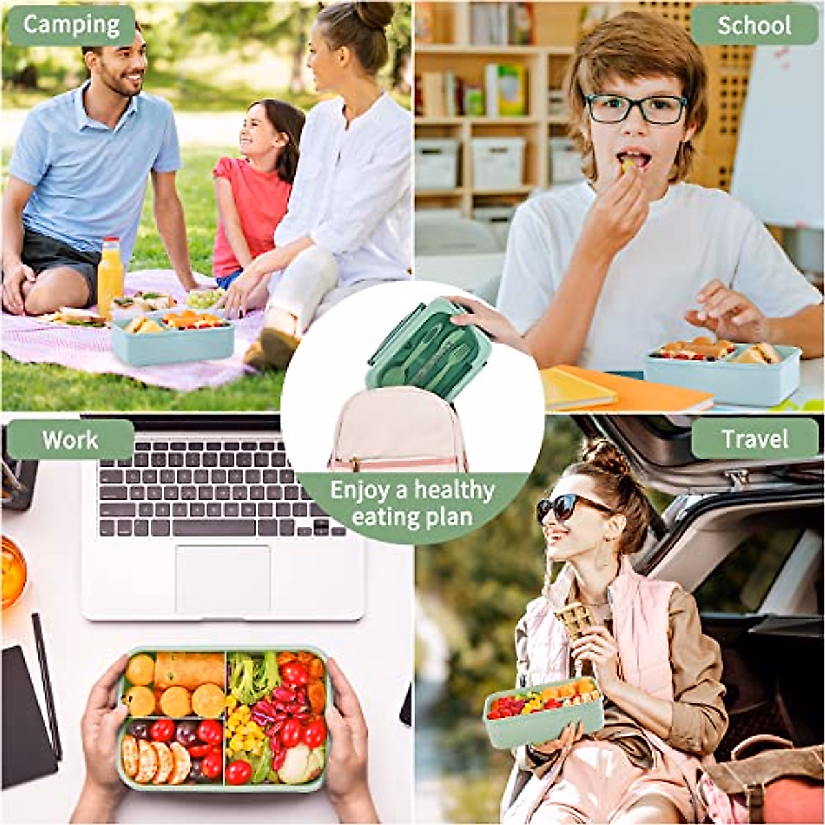 MYSEXY Bento Lunch Box for Kids and Adults with 3 Compartment Leak Proof Lunch Boxes for Men Women Food Containers with Spoon Fork Knife Chopsticks - 1400 ML (Khahi)