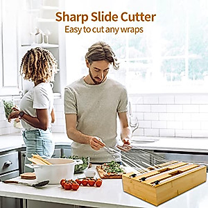 BGFOX 3 in 1 Plastic Wrap Organizer with Cutter and Labels, Natural Bamboo 12" Roll Aluminum Foil and Wax Paper Dispenser for Kitchen Storage Organization Holder